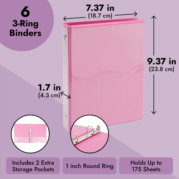 6 Pack Mini Pink 3 Ring Binder for 5.5 x 8.5-Inch Paper, 1-Inch Round ...